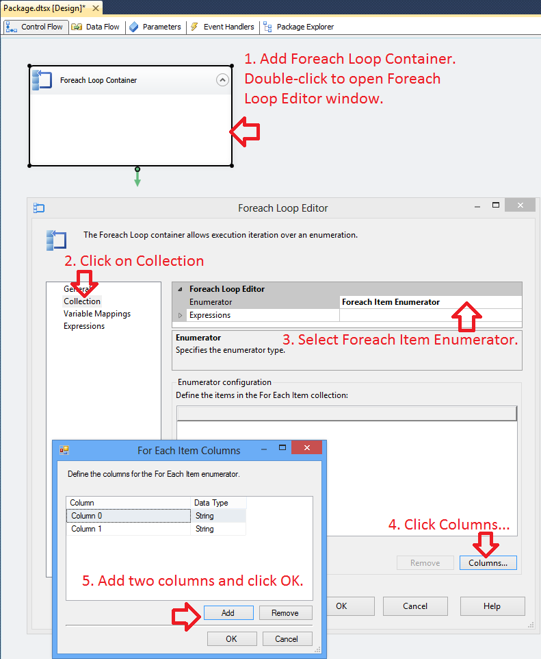 Example Of Ssis Foreach Loop Item Enumerator And Dynamic Oledb Connection